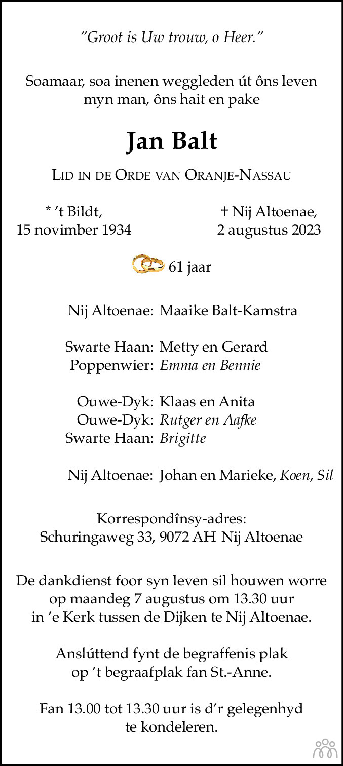 Overleden op 2 augustus, onze broeder Jan Balt – PKN Kerk tussen de Dijken